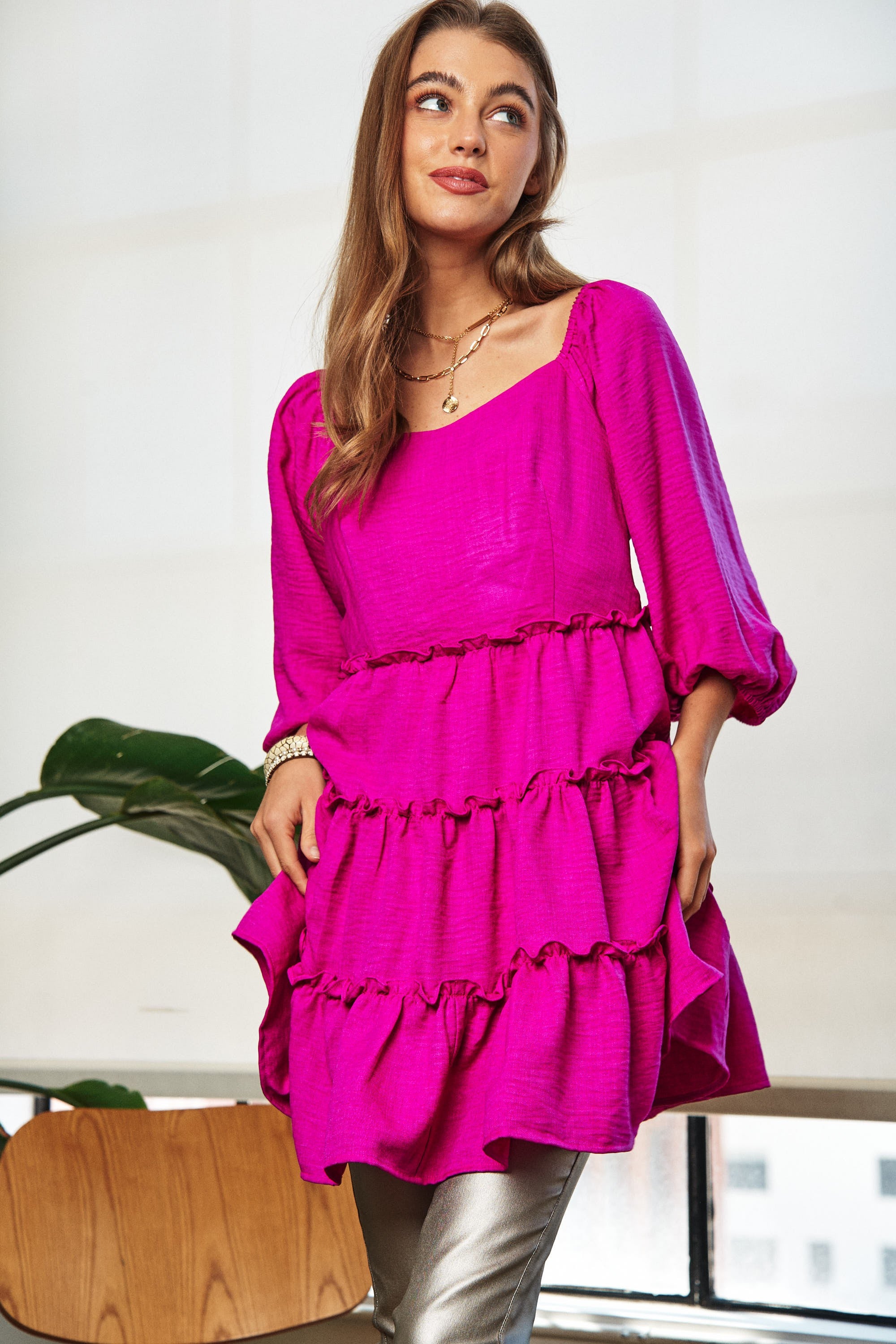 Davi And Dani Solid Ruffled Detail Bell Short Sleeve Mini Dress